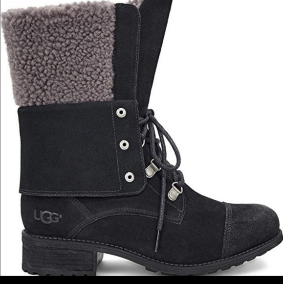 UGG | Shoes | Ugg Combat Boots Black Suede Fold Down Lace Up Gray Fuzzy ...